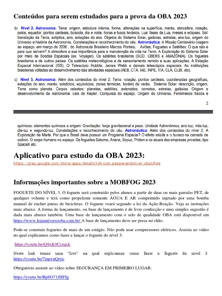 Conteúdos Para Serem Estudados Para a Prova Da OBA e MOBFOG 2023 | PDF