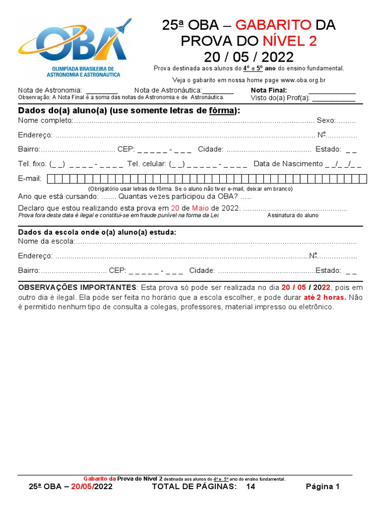 Gabarito da Prova nivel 2 da 25 OBA DE 2022 | PDF
