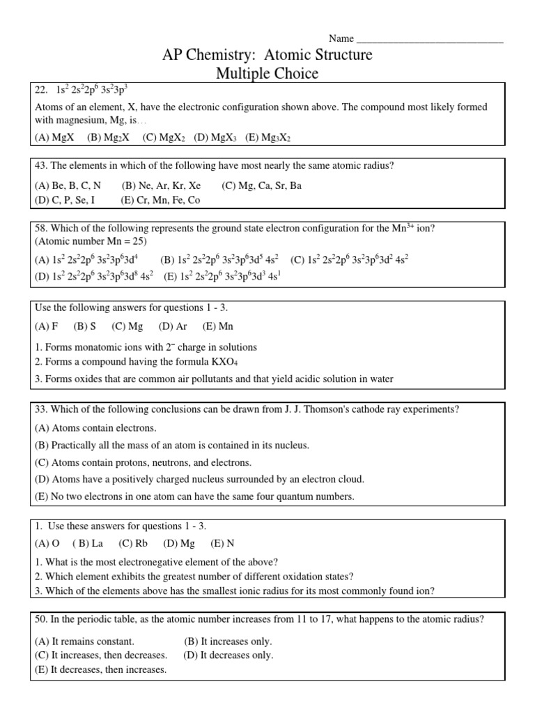 Atomic Structure (AP MC) | PDF | Atoms | Ion
