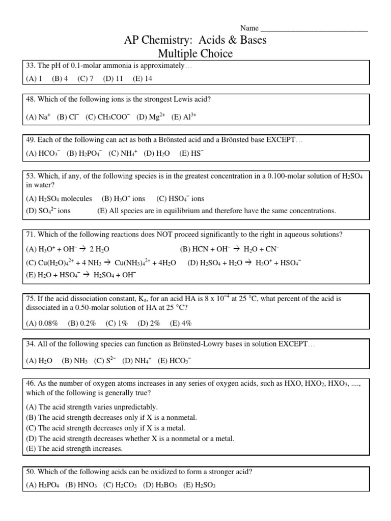 Acids - Bases (AP MC) | PDF | Acid | Chemistry