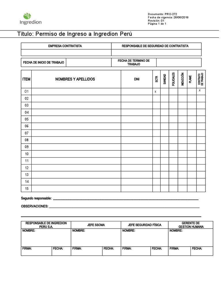 Permiso de Ingreso Ingredion Perú | PDF