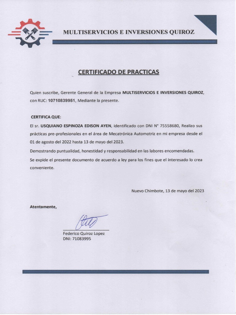 Certificado de Prácticas | PDF