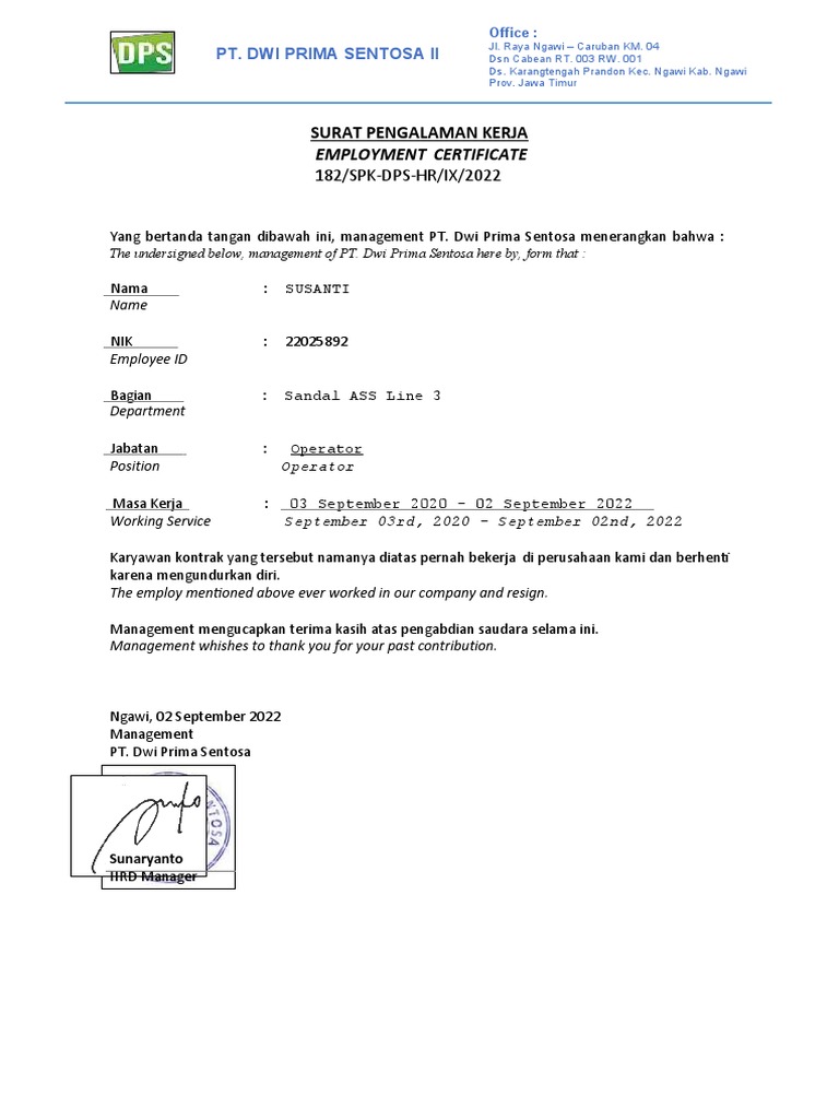 Employment Certificate PT. Dwi Prima Sentosa | PDF
