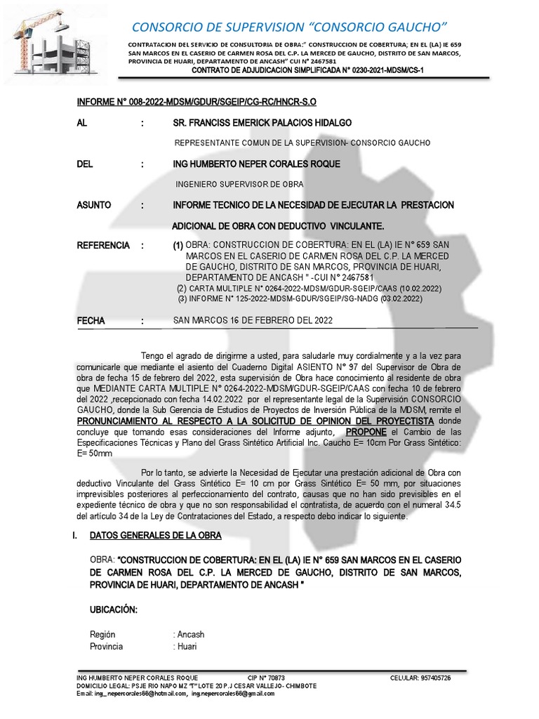 INFORME N° 008 INFORME TECNICO DE LA NECESIDAD DE PRESTACION ADICIONAL DE OBRA CON DEDUCTIVO ...