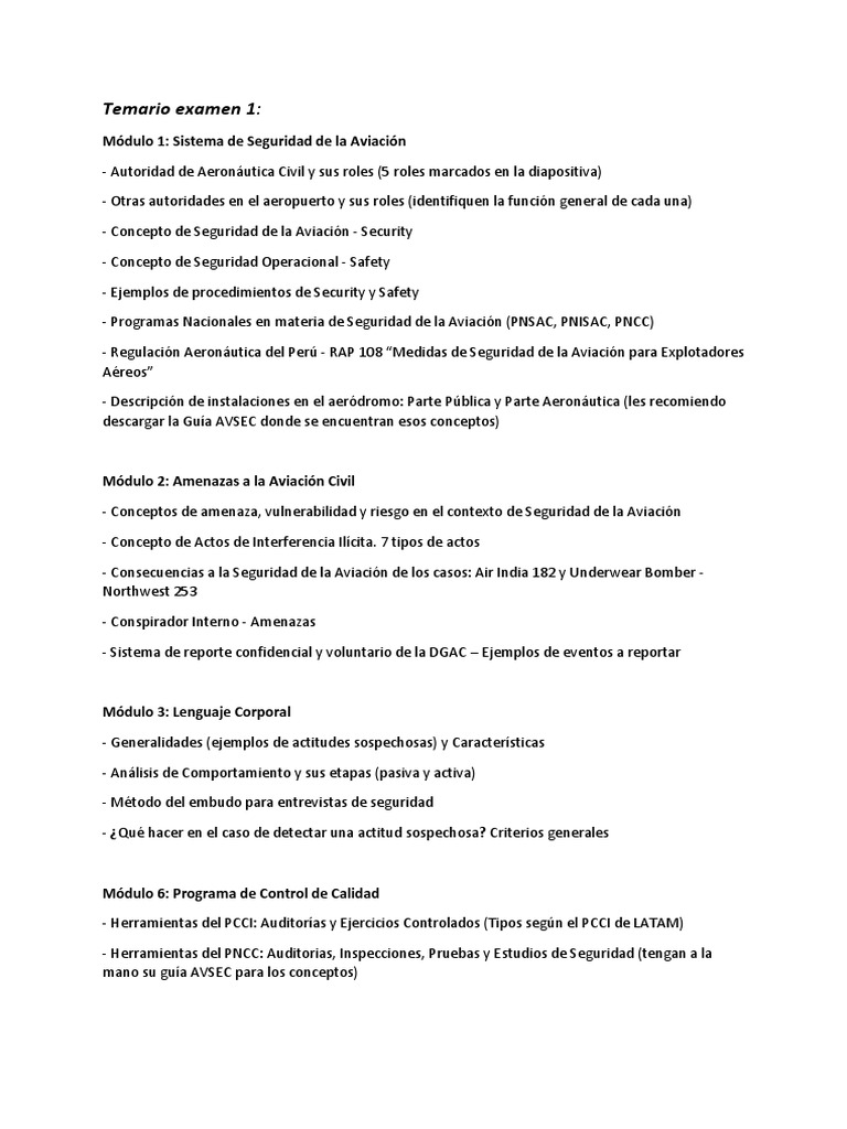 Temario Exámenes AVSEC y AVSAF | PDF