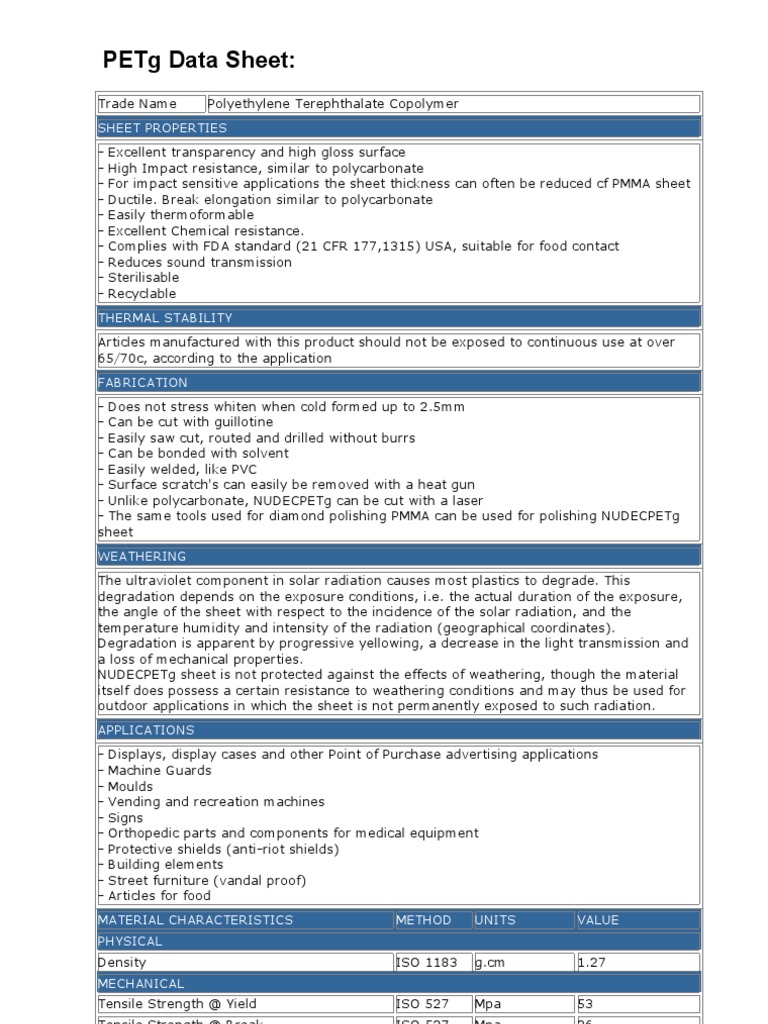 PETg Data Sheet | PDF | Sheet Metal | Poly(Methyl Methacrylate)