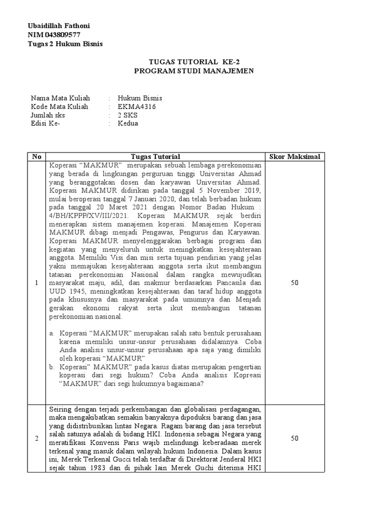 Tugas Tutorial 2 Hukum Bisnis 2023 - 1 | PDF