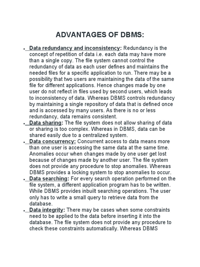 The Many Advantages Of Database Management Systems Over File Systems Increased Data Consistency