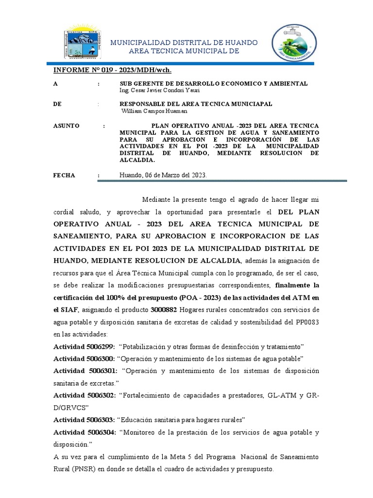 Informe 008 POA | PDF | Saneamiento | Agua