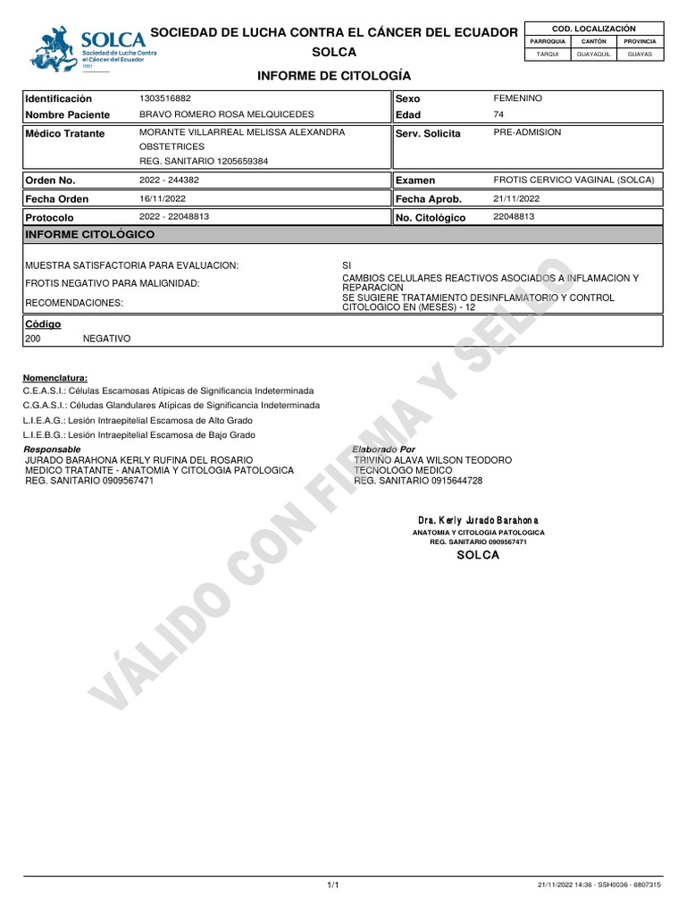 Cytology Report for 74-Year-Old Female with Inflammatory Cervical ...