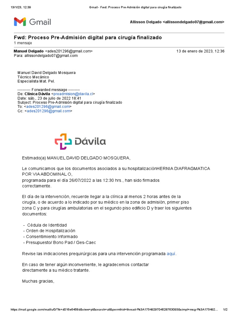 Gmail - FWD - Proceso Pre-Admisión Digital para Cirugía Finalizado | PDF