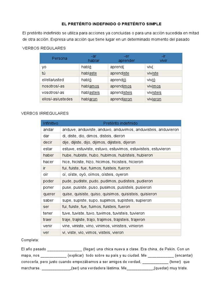 El Pretérito Indefinido o Pretérito Simple Resumen | PDF