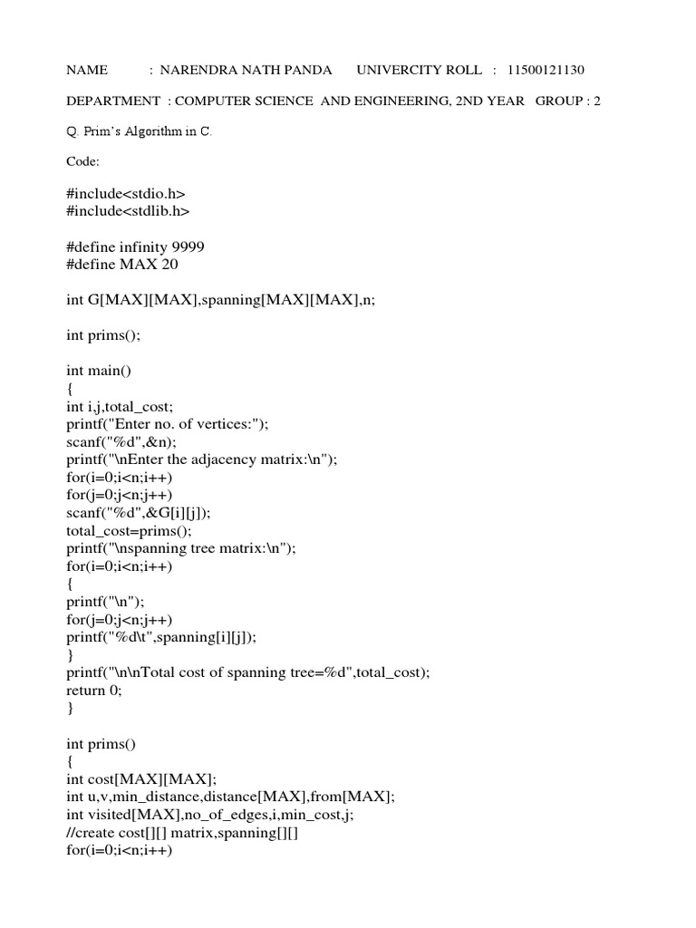 5.prims - 11500121130 - Prims Algorithm | PDF