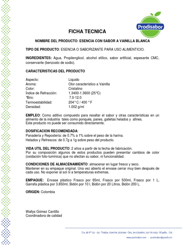 Ficha Técnica Esencia Con Sabor A Vainilla Blanca | PDF