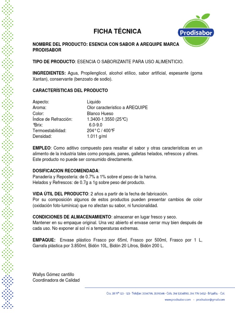 Ficha Técnica Esencia Con Sabor A Arequipe | PDF | Cocina, comidas y vino