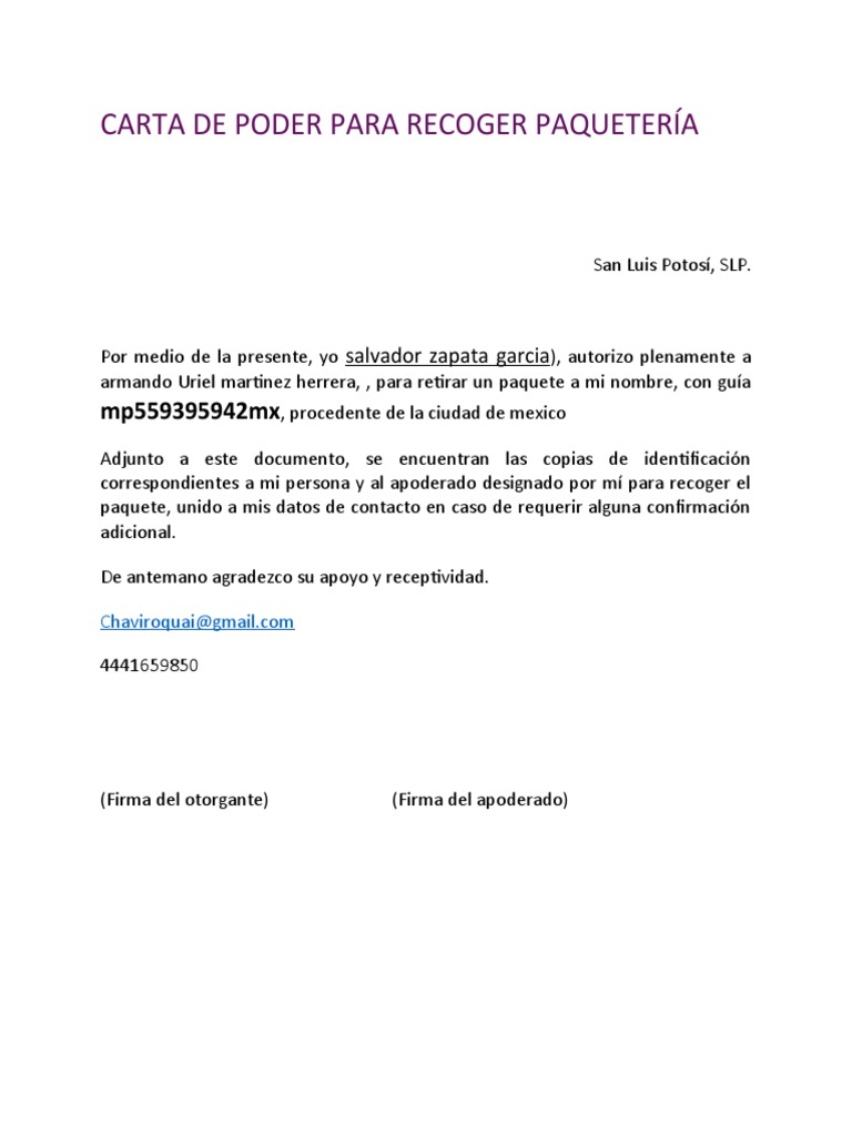 Carta De Poder Para Recoger Paquetería Pdf