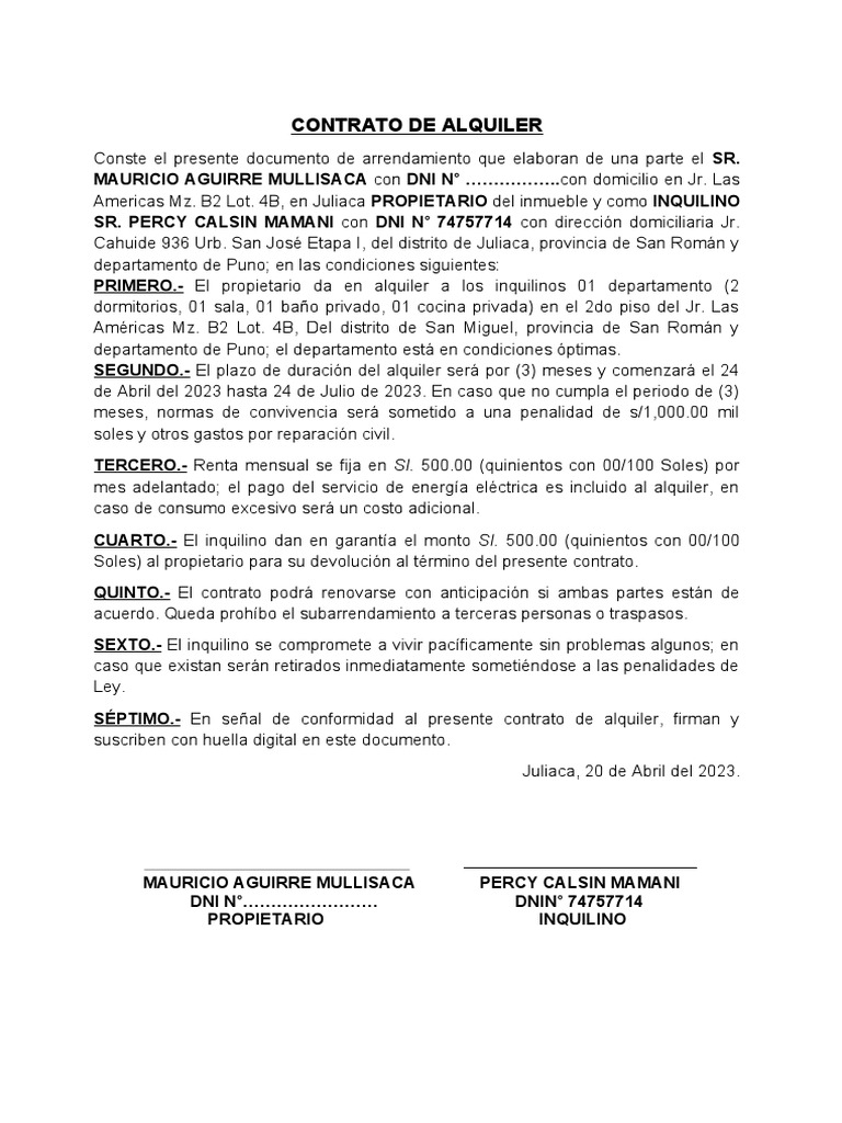 Contrato de Alquiler Un Departamento | PDF