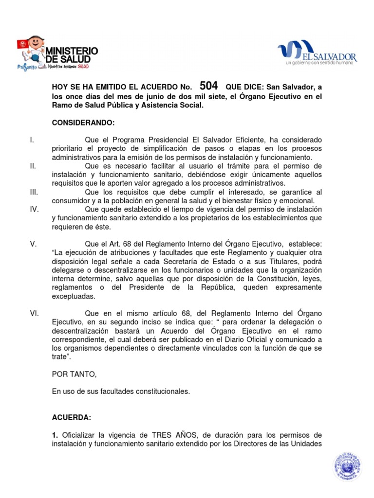 Acuerdo 504 Resoluciòn Ministerial Permiso de Funcionamiento y Requisitos Sanitarios | Descargar ...