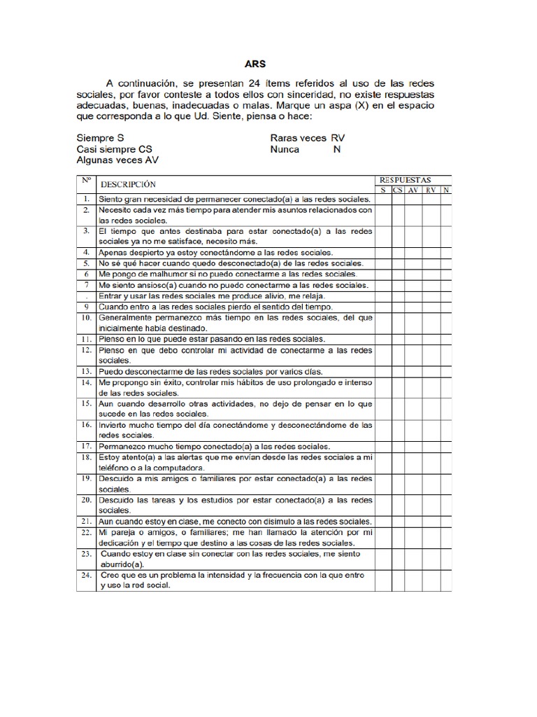 Cuestionario de Adicción a redes sociales - Escurra y Salas | PDF