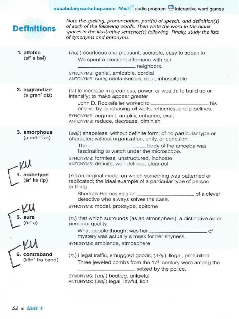 Sadlier Vocab WS - Level F - Unit 4 | PDF