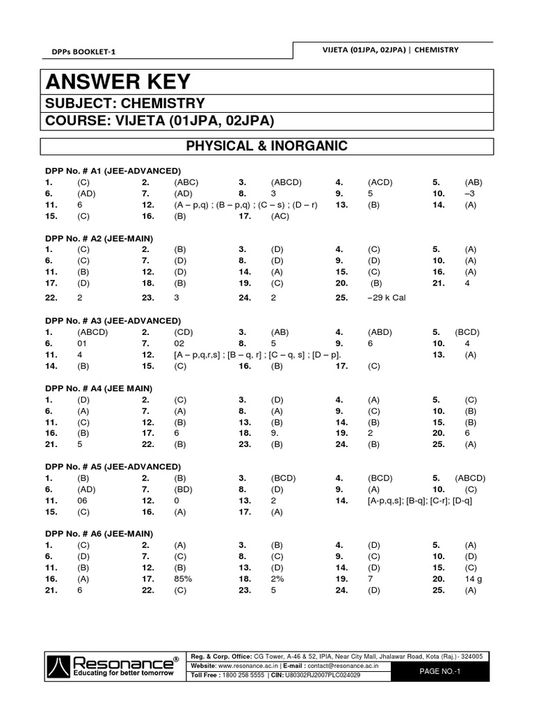 Physical-Inorganic ANSWER+KEY 01JPA,+02JPA | PDF | Ion | Chloride
