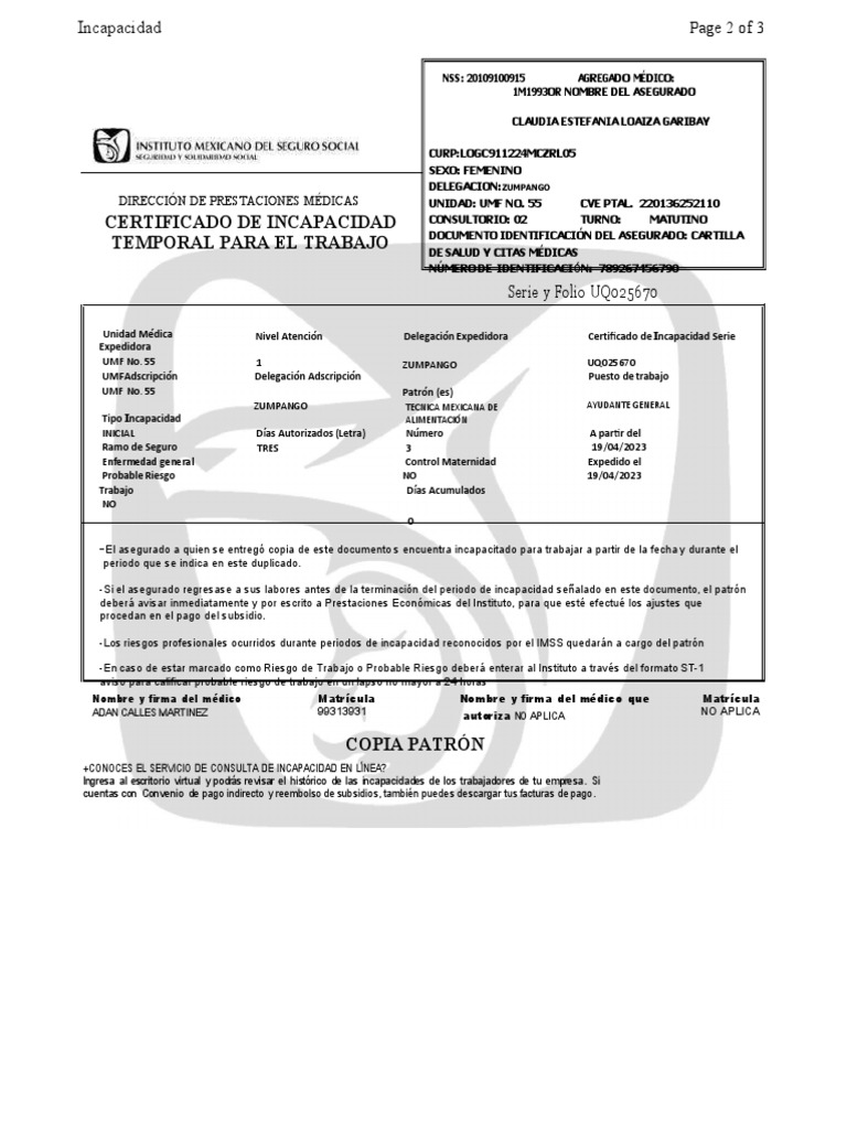 Certificado de Incapacidad Temporal para El Trabajo: Dirección de Prestaciones Médicas | PDF