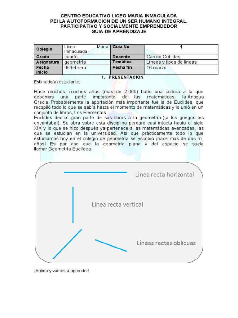 Guía de aprendizaje sobre líneas y tipos de líneas para cuarto grado ...