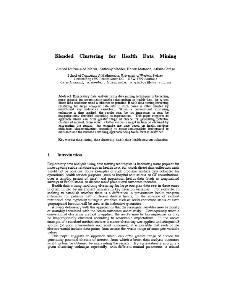 Blended Clustering For Health Data Mining | PDF