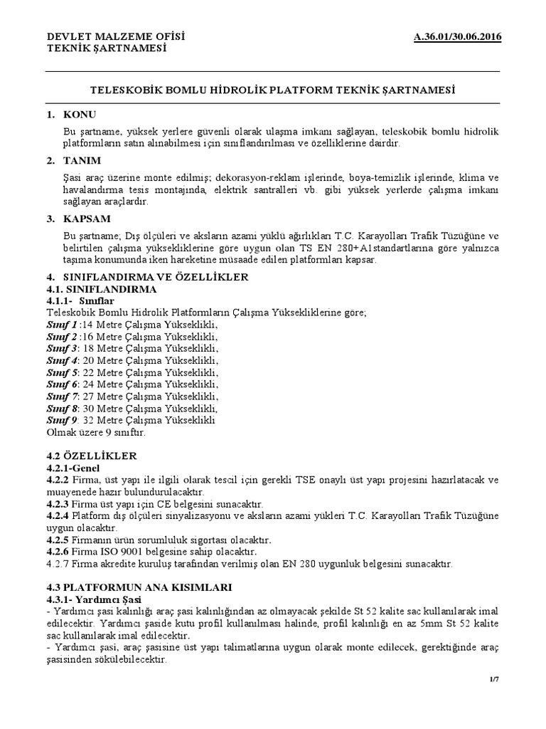 Teleskopik Bomlu Hidrolik Platform Teknik Sartnamesi | PDF