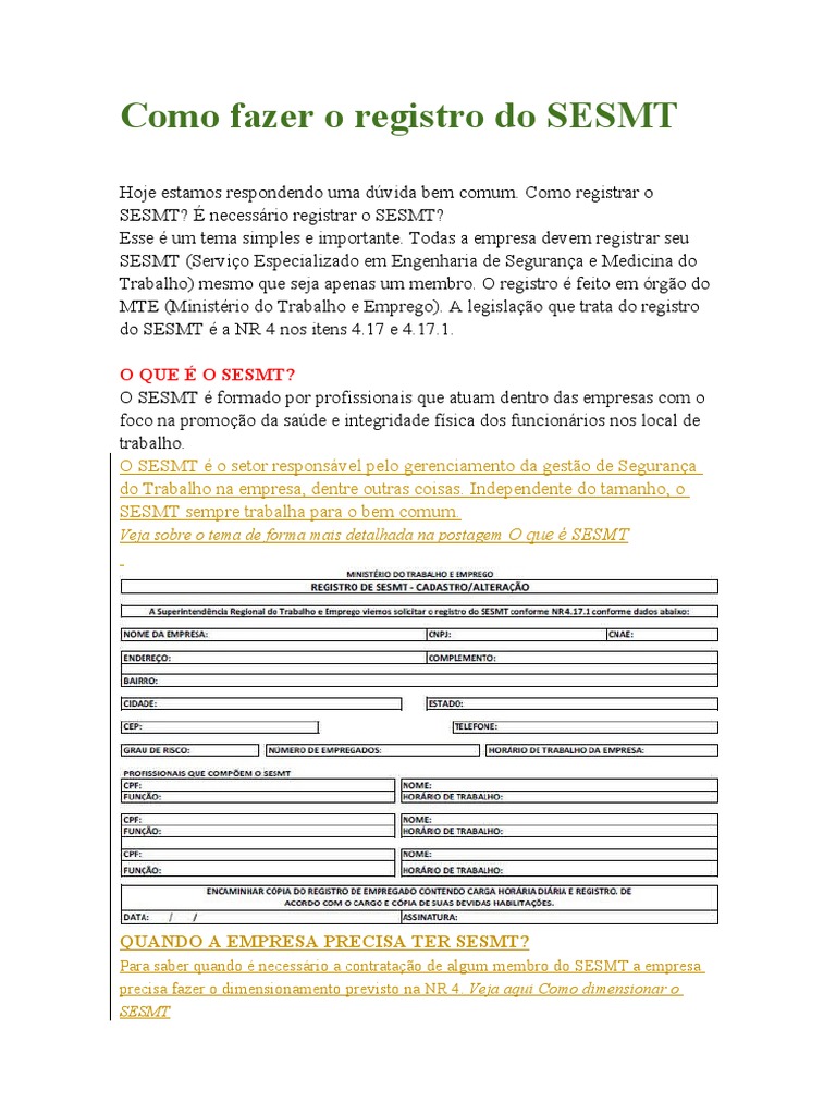 Registro do SESMT: Guia Prático | PDF | Negócios