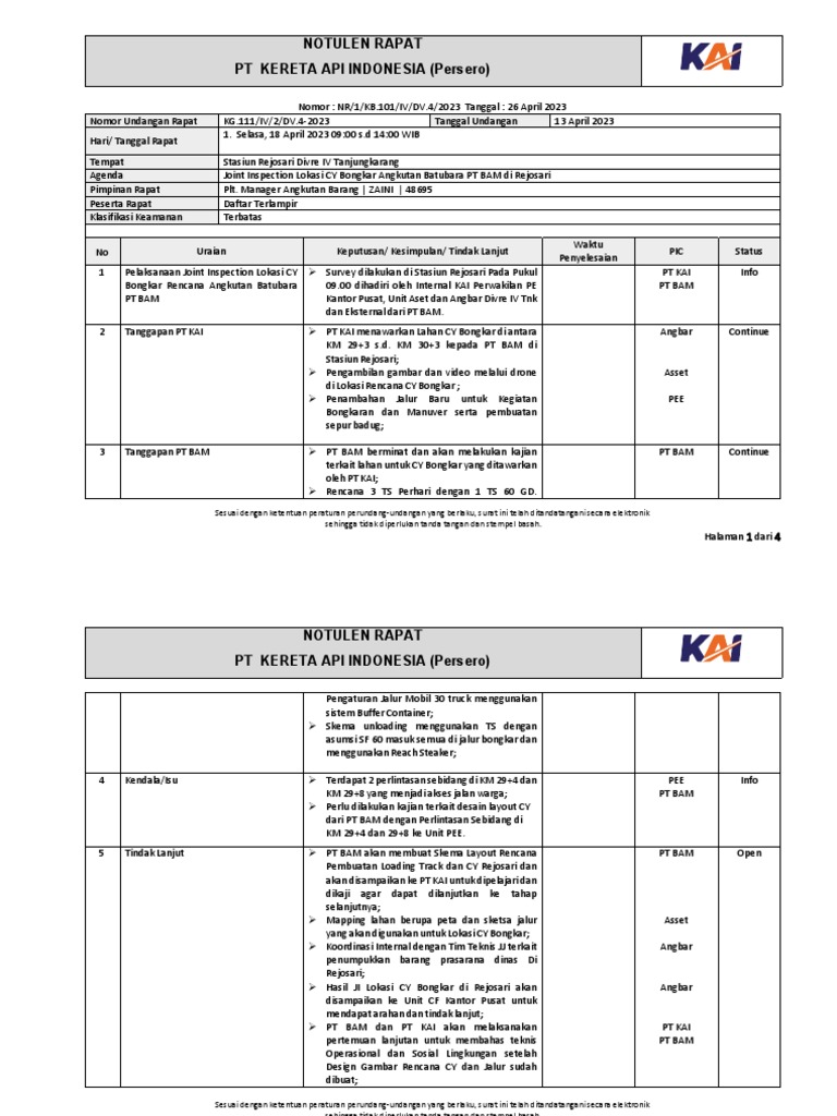 Notulen Rapat JI Rencana CY Bongkar PT BAM Di Rejosari | PDF