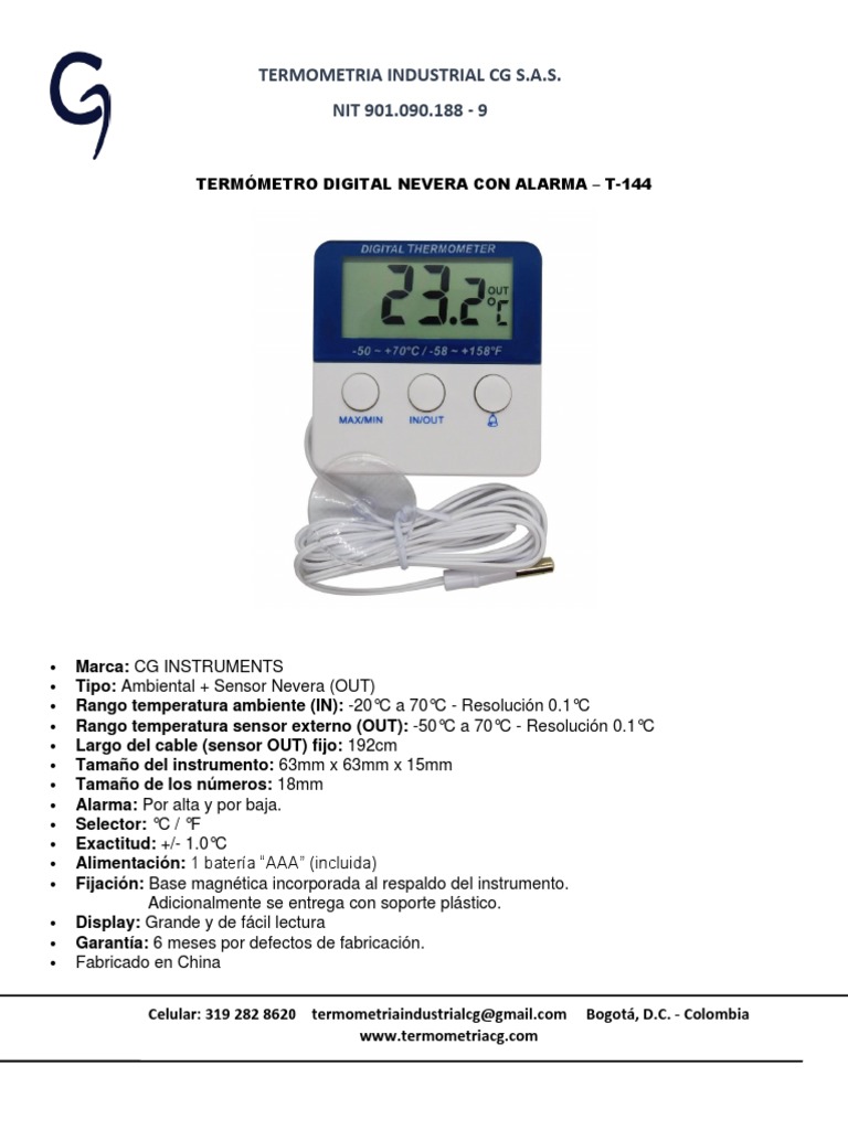 Termómetro Digital Nevera T-144 con Alarma | PDF