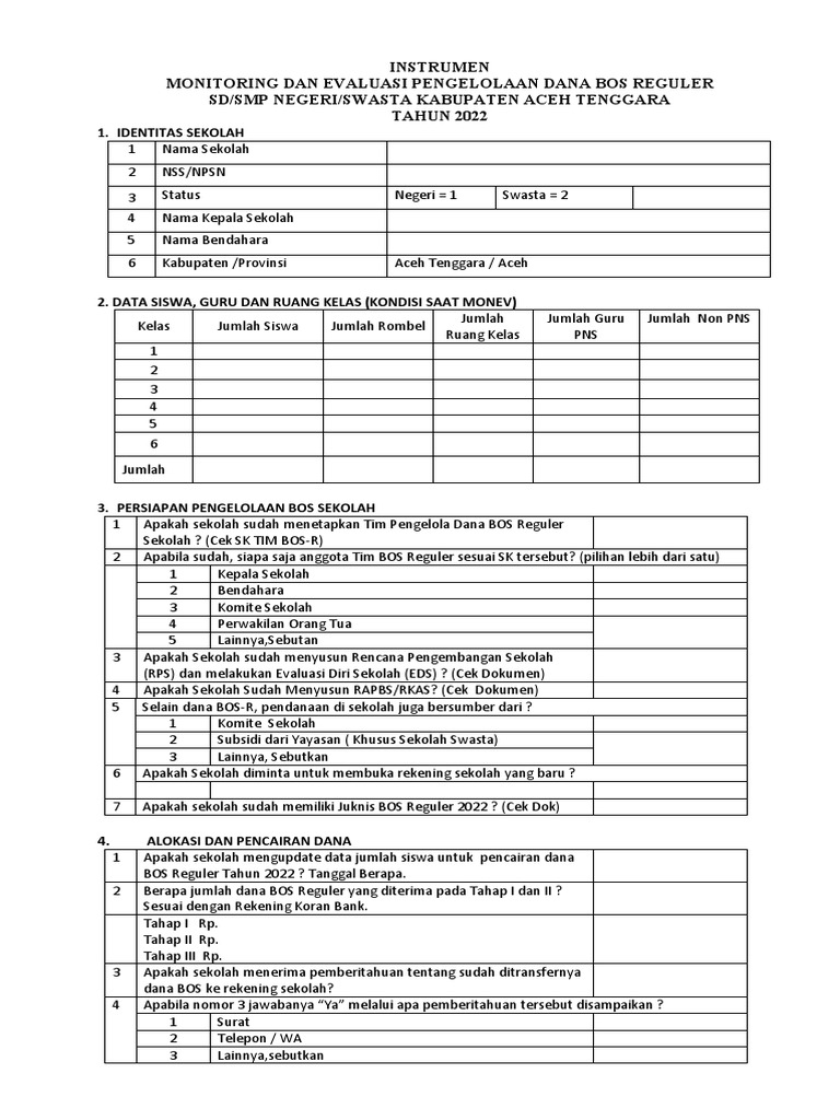 Instrumen Monev Dana BOS 2022 | PDF