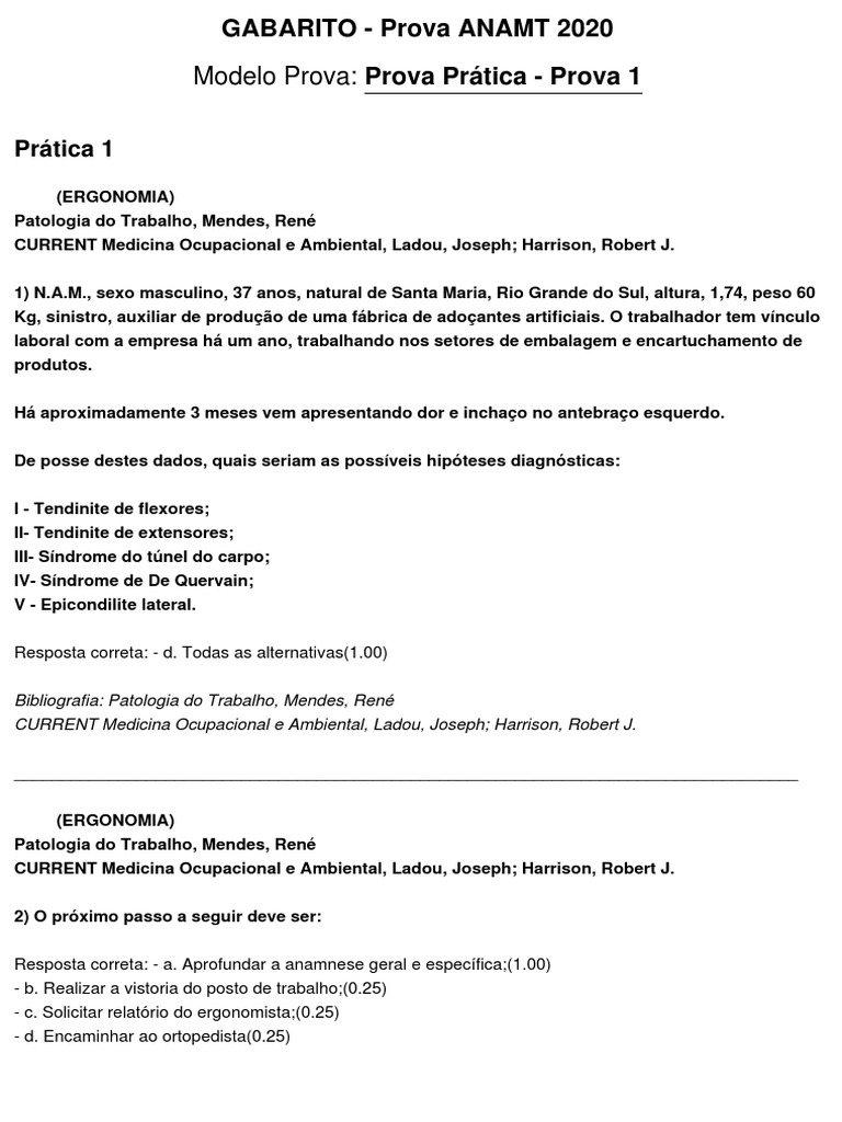 Gabarito Prova ANAMT 2020: Ergonomia e Saúde | PDF | Ciências e Matemática