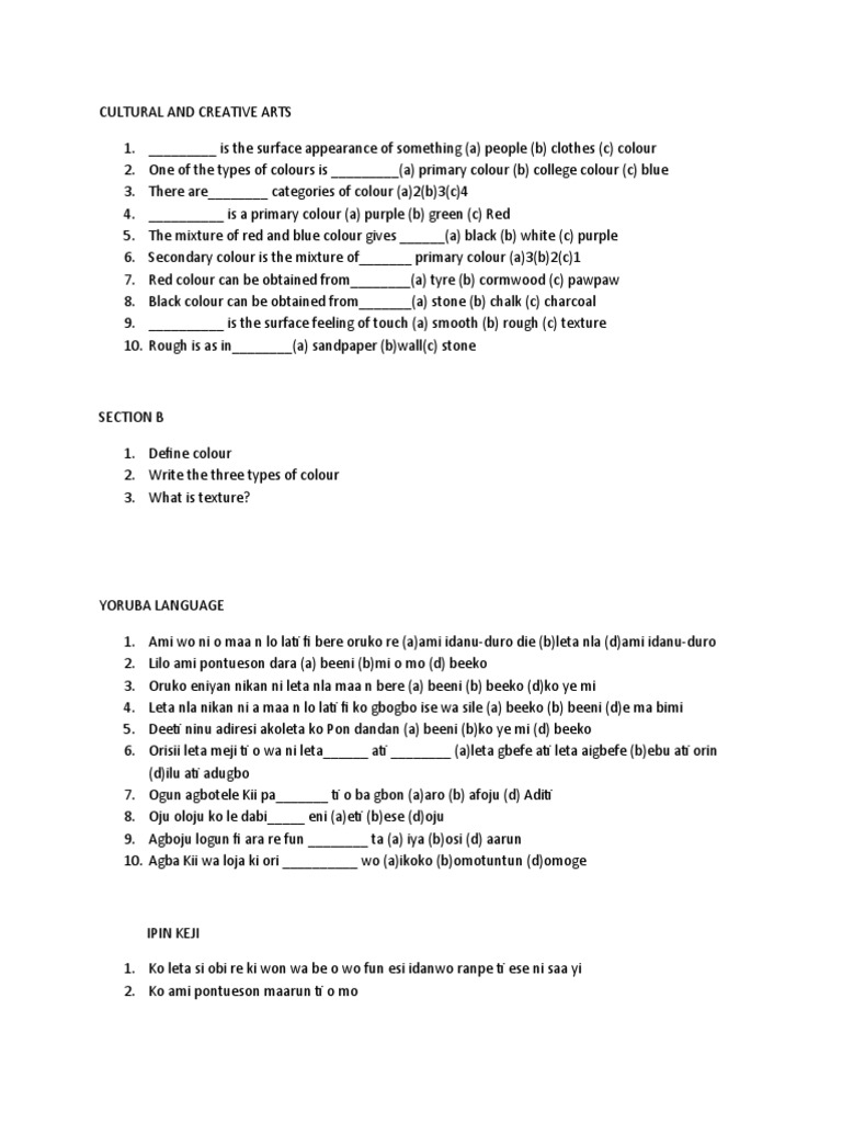 CULTURAL AND CREATIVE ARTS With Yoruba Basic Three | PDF