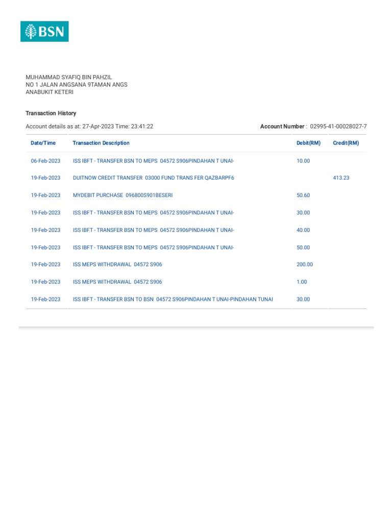 Muhammad Syafiq transaction history | PDF