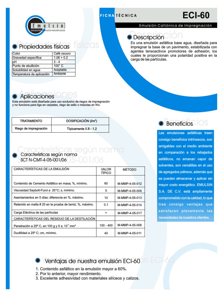 ECI-60 Emulsión Catiónica para Impregnación | PDF | Emulsión | Agua