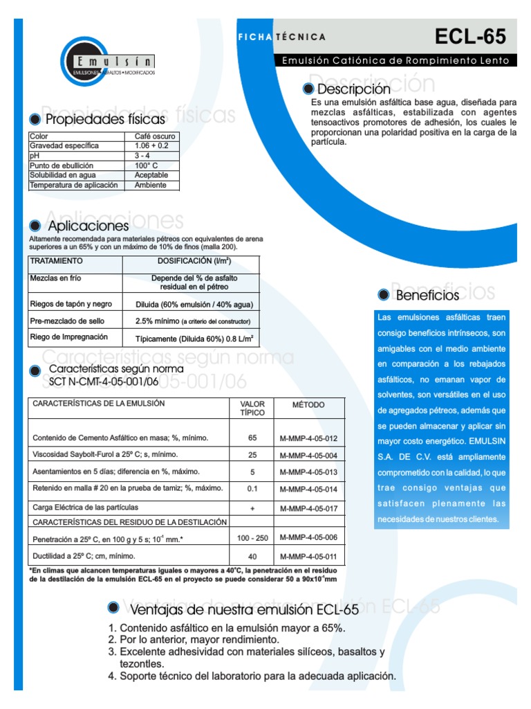 ECL-65 Emulsión Catiónica de Rompimiento Lento | PDF