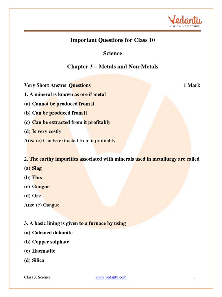 CBSE Class 10 Science Chapter 3 Metals and Non-Metals Important ...