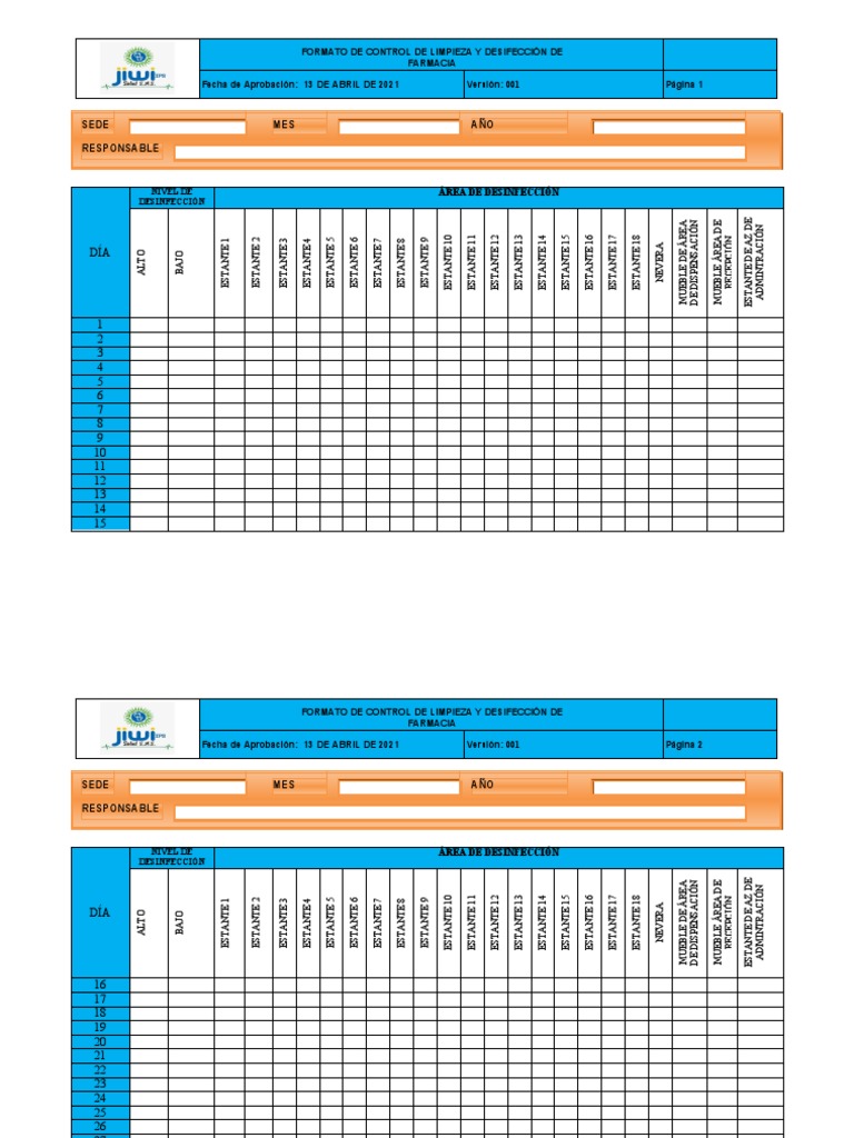 Formato Desinfección y Limpieza 2021 | PDF