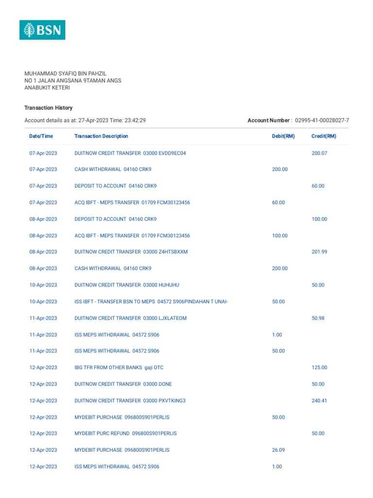 myBSN - Transaction History - Bank Simpanan Nasional | PDF