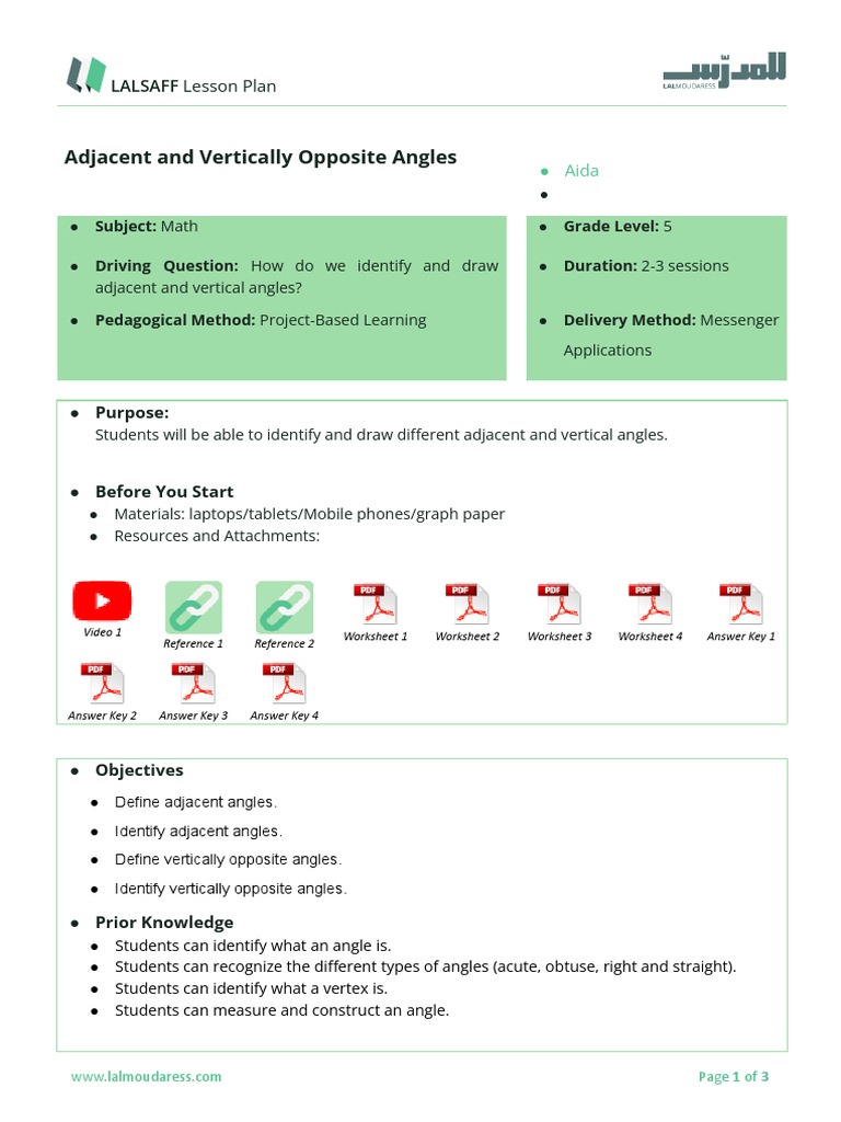 Adjacent and Vertically Opposite Angles: LALSAFF Lesson Plan | PDF ...