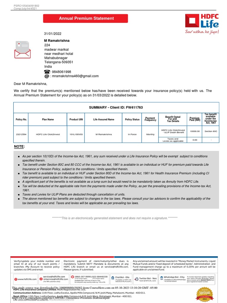 Insurance Premium Statement PDF | PDF