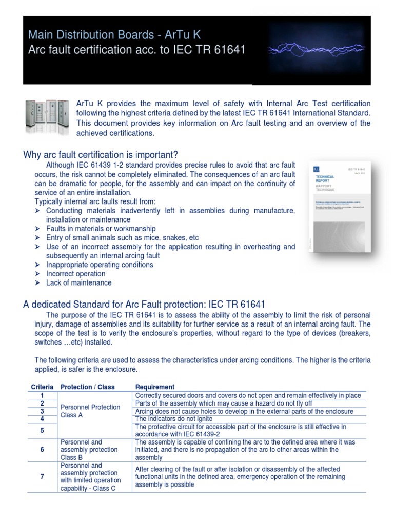 Main Distribution Boards ArTu K Arc Fault Certifications | PDF