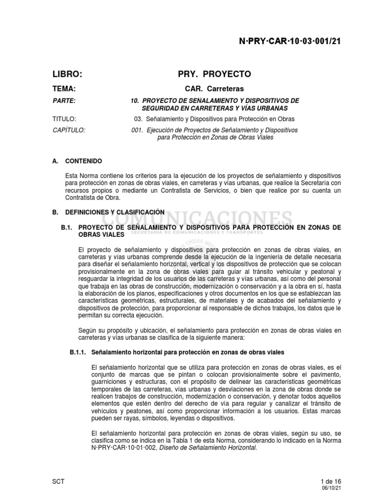 N-Pry-Car-10-03-001-21 Proyecto de Señalamiento y Dispositivos de | PDF | La carretera | Calle