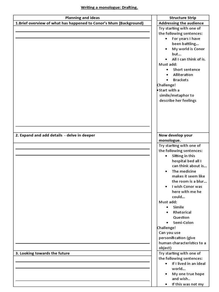 L19 Year 7 Assessment Monologue Draft Sheet | PDF