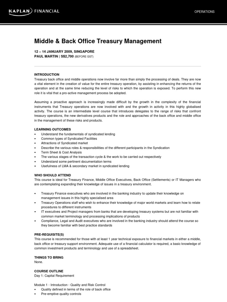 Middle & Back Office Treasury Roles | PDF | Syndicated Loan | Risk