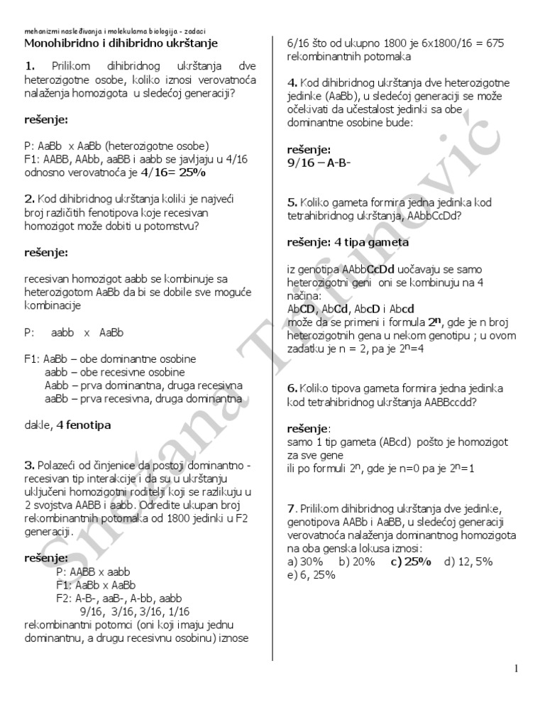 Zadaci Genetika i Molekularna | PDF