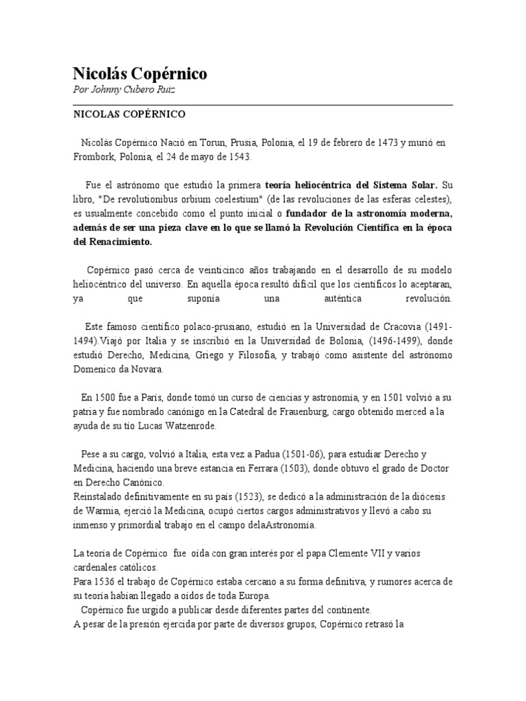 Nicolás Copérnico y la Teoría Heliocéntrica | PDF | Nicolás Copérnico ...