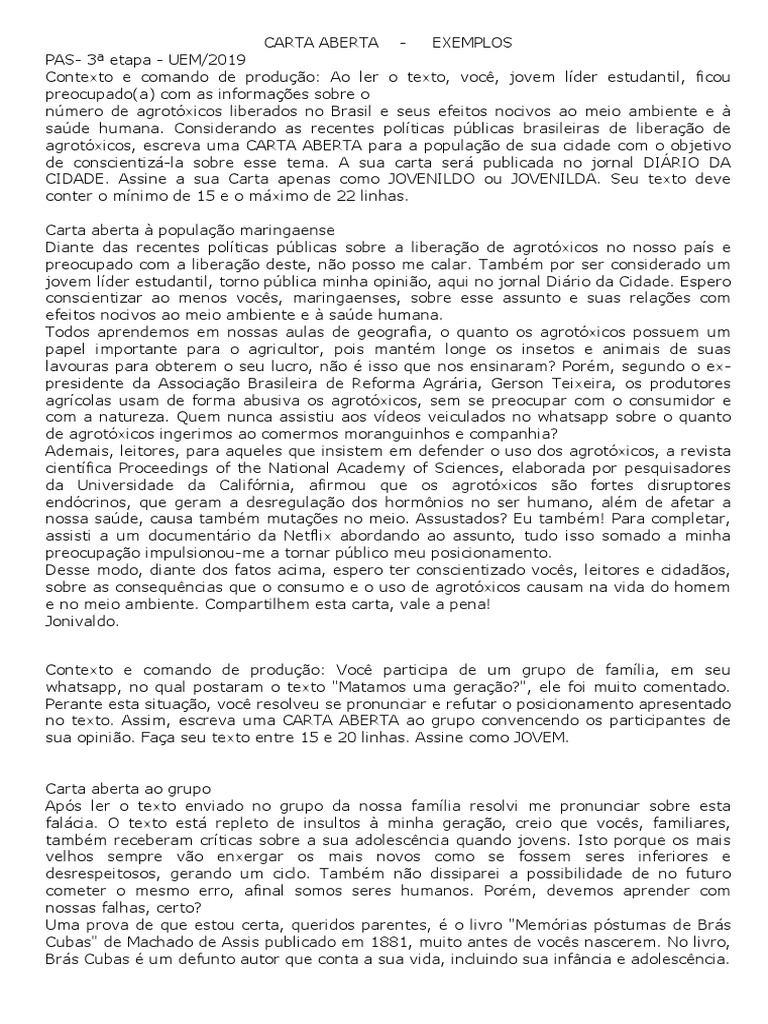 CARTA ABERTA-exemplos | PDF | Família | Agricultura